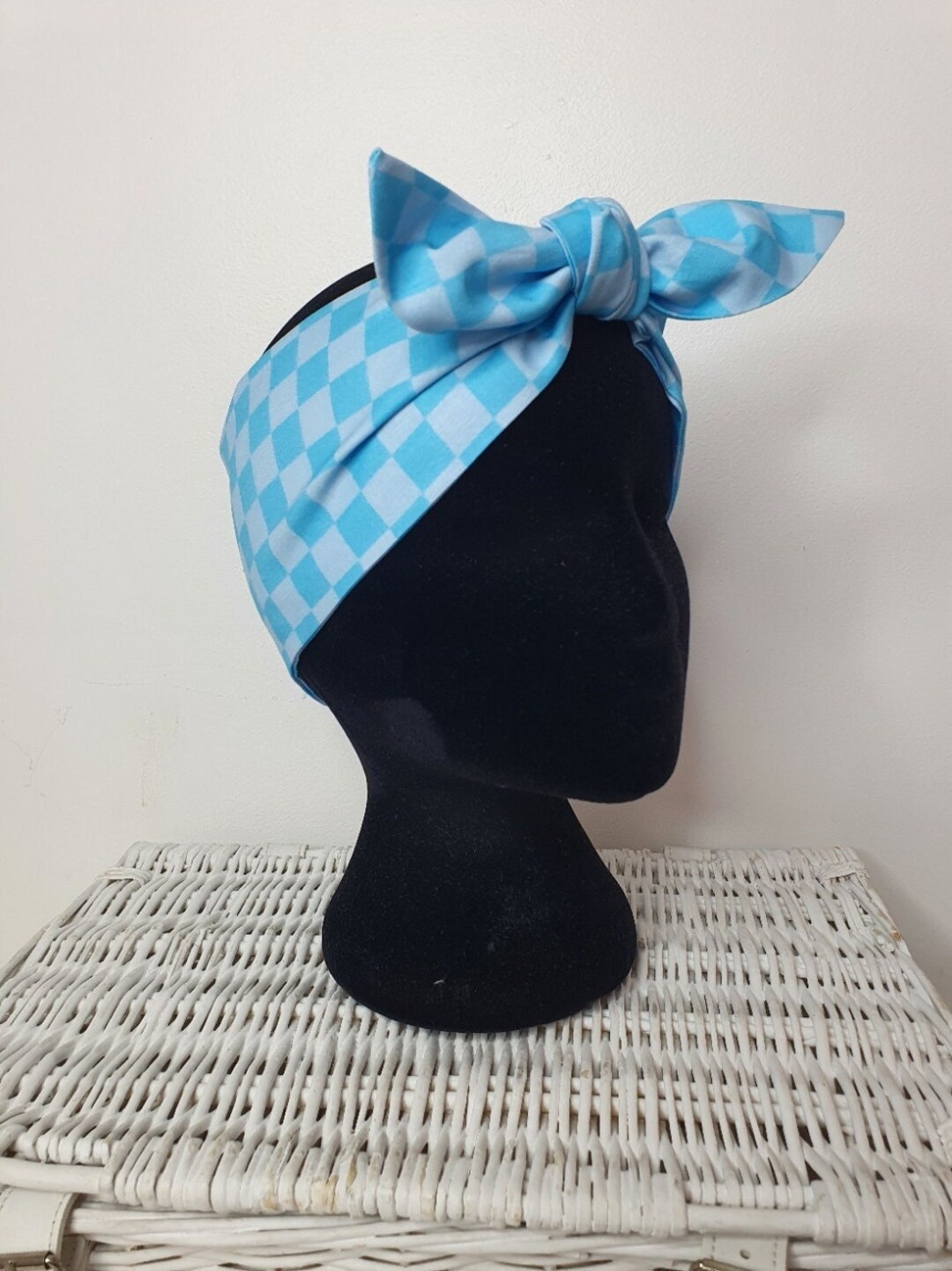 Blue Checkerboard Kitch Hair Wrap Pin up Style Hair Accessory Headscarf ...