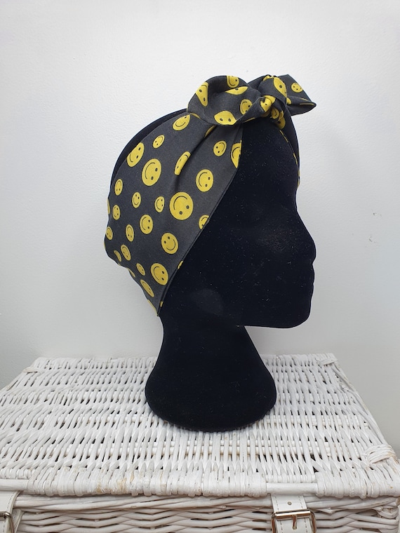 Smiley Face Yellow and Black 90s Headscarf Hair Wrap Ayeaye | Etsy