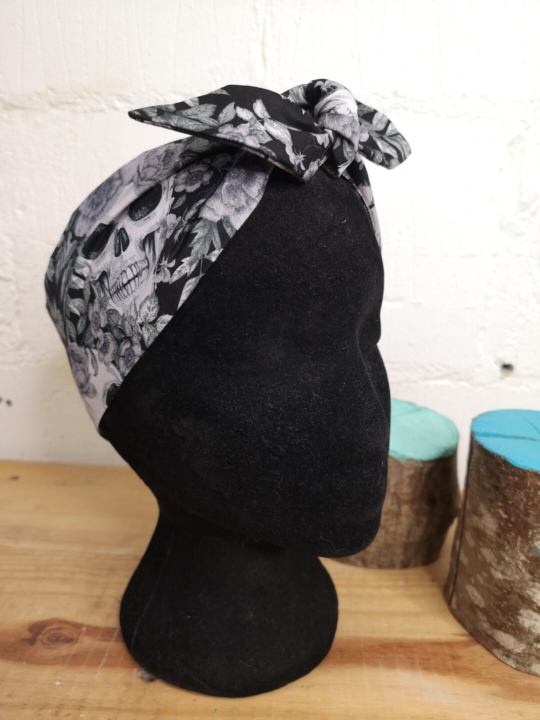 Grey Skull Floral Black Head Scarf Hair Wrap Pin up Style Hair ...