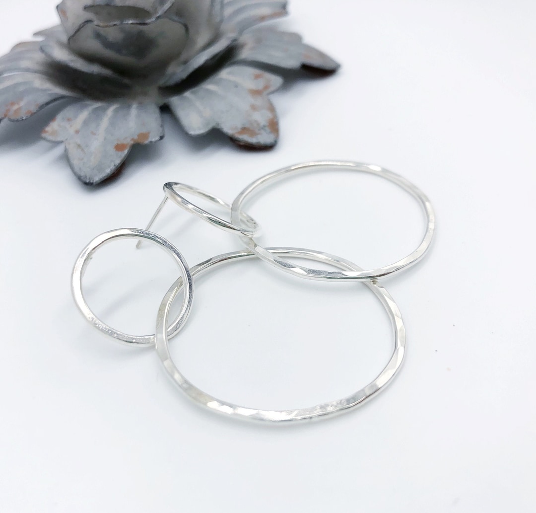 Double Loop Hoops. Modern Sterling Silver Hammered Stud Hoops, Artisan ...