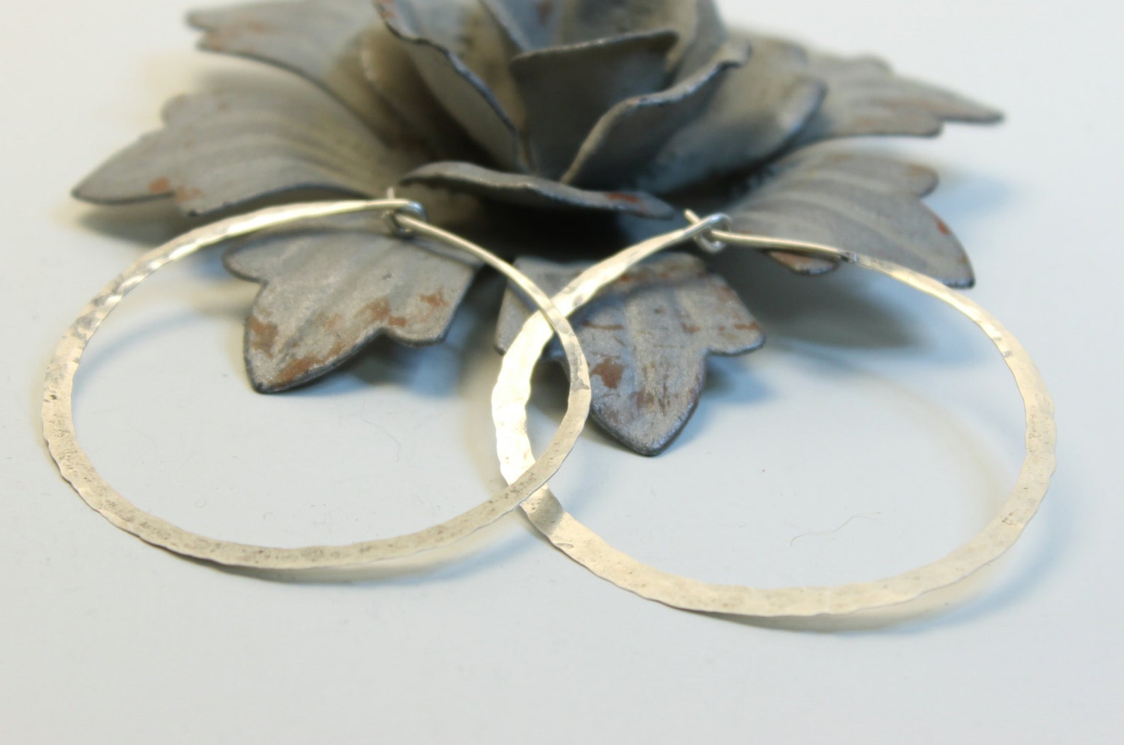 Rustic Sterling Silver Hammered Hoops, 925, 2 Inch Hoops, Big Hoops ...