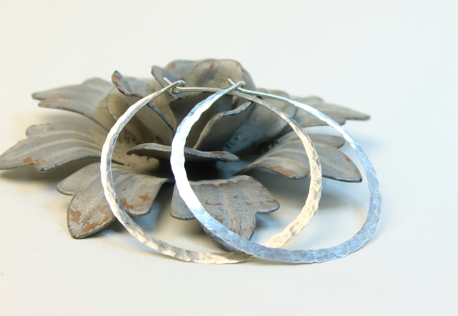 Rustic Sterling Silver Hammered Hoops, 925, 2 Inch Hoops, Big Hoops ...