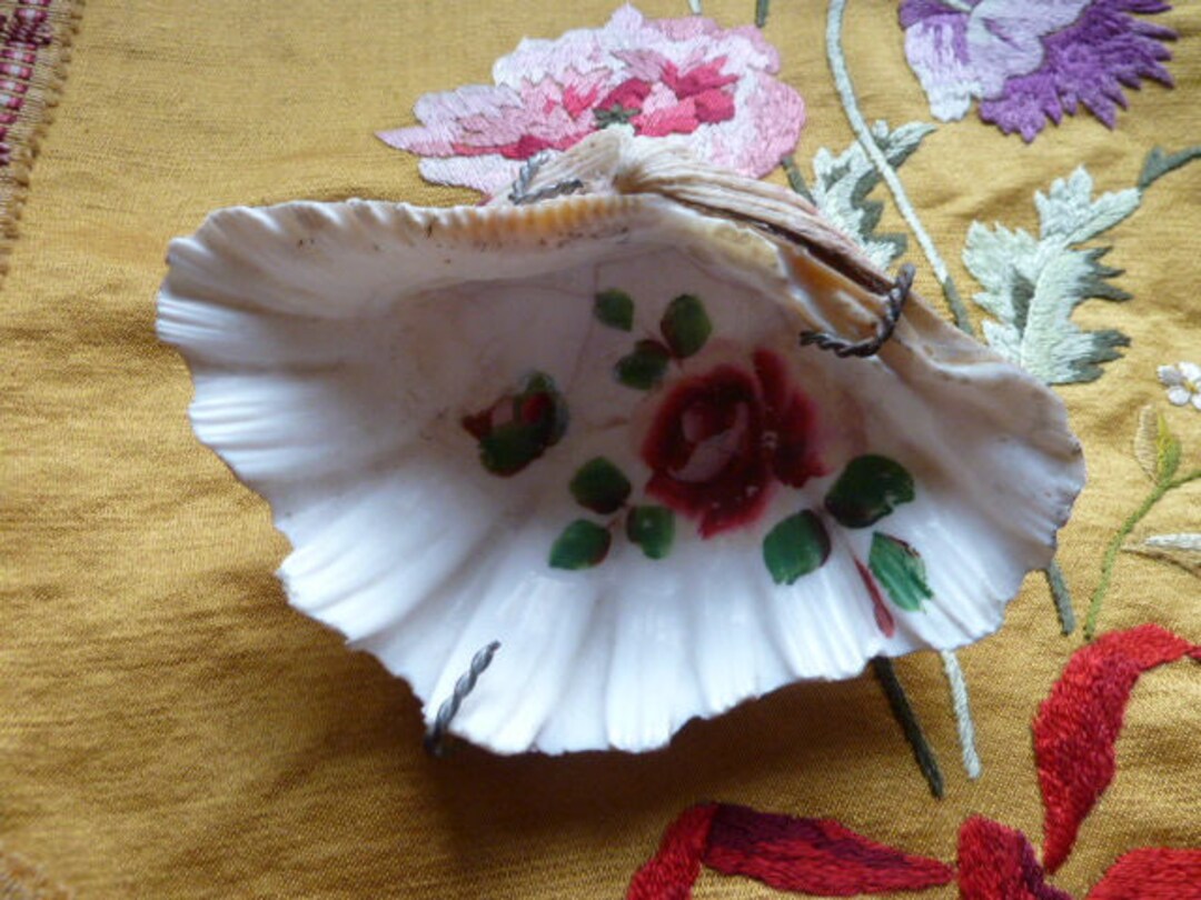 Victorian Clam Shell Tray With Wire Work and Hand Painted Rose ...