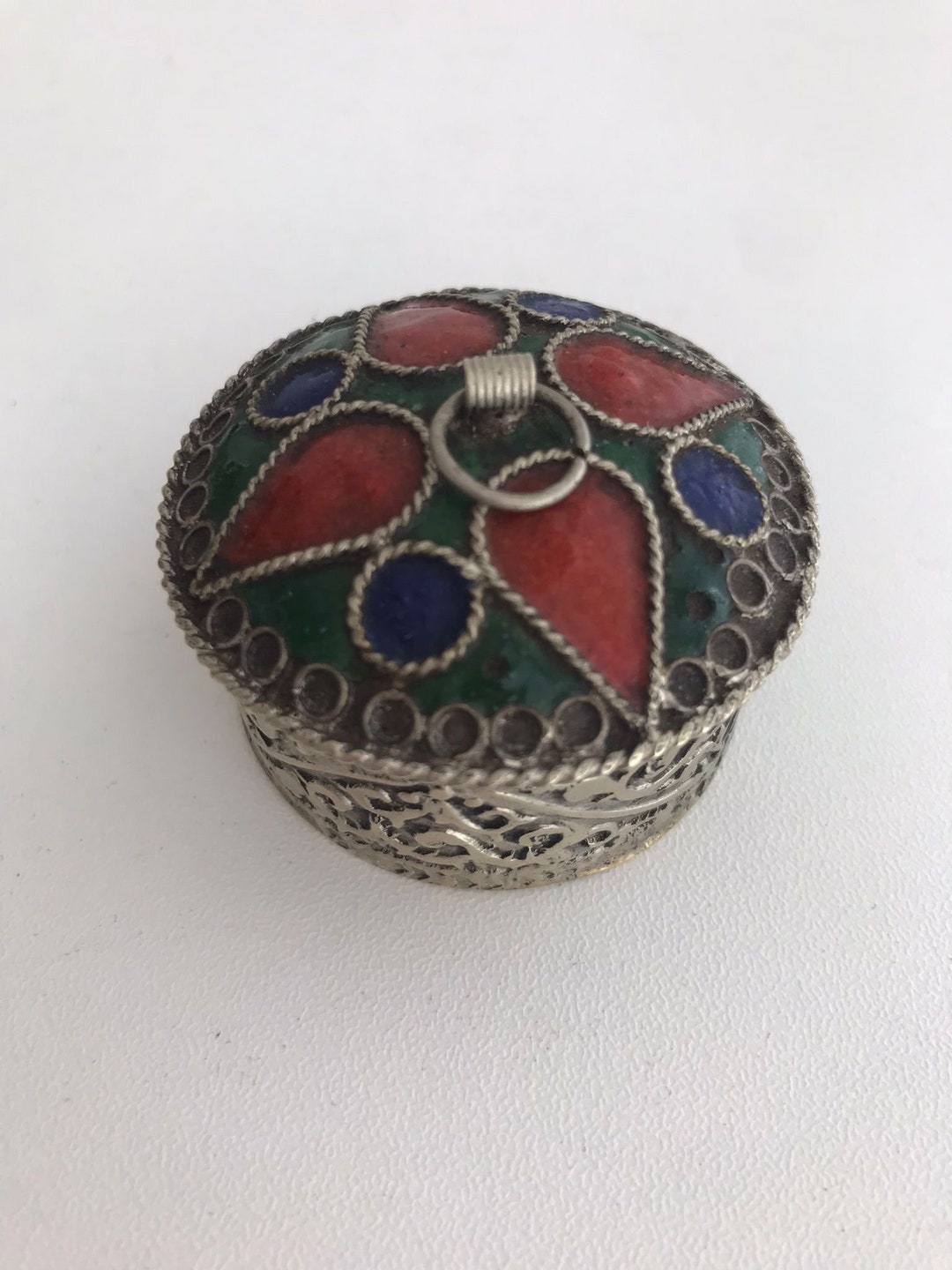 Vintage Silver Box, Enamelled Top Box, Indian Silver Snuff Box, Silver ...