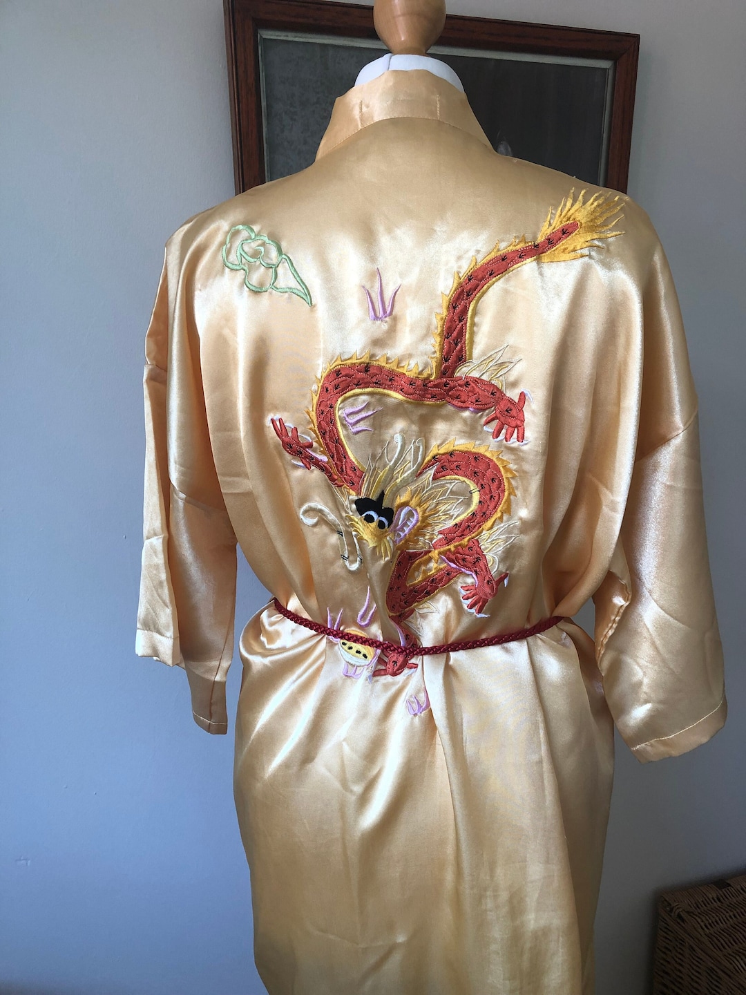 Vintage Silk Robe, Yellow Silk Kimono, Unisex Silk Robe, Embroidered ...