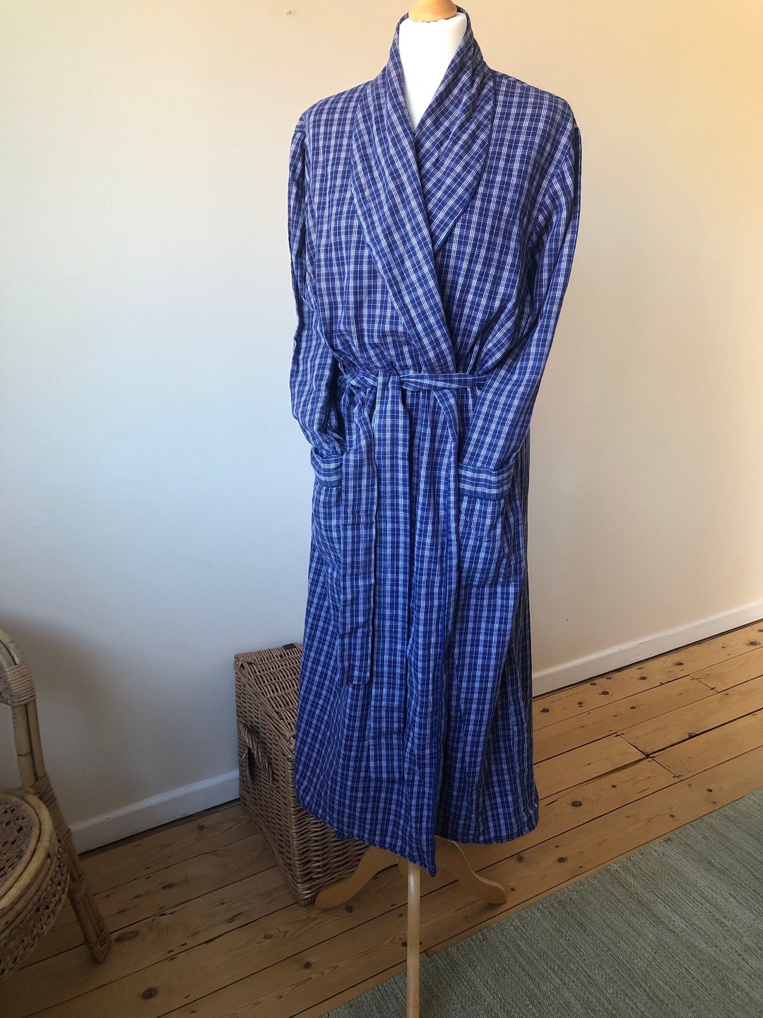Vintage Man's Robe, Dressing Gown, Light Cotton, Blue and White Check ...