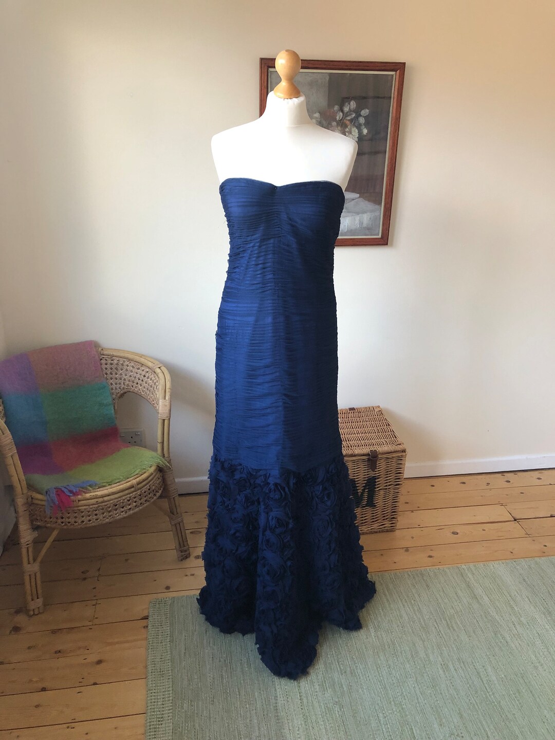 Vintage Midnight Blue Dress, Form Fitting Evening Dress, Blue Strapless ...