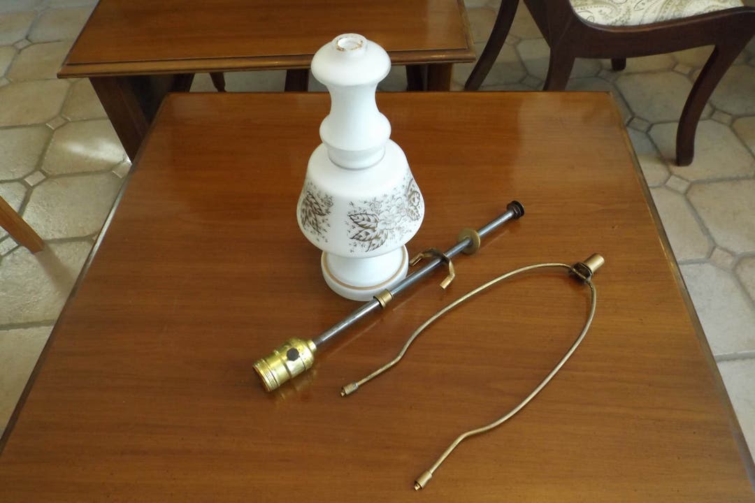 Antique White Glass Lamp Part With Gold Floral Design and Matching ...