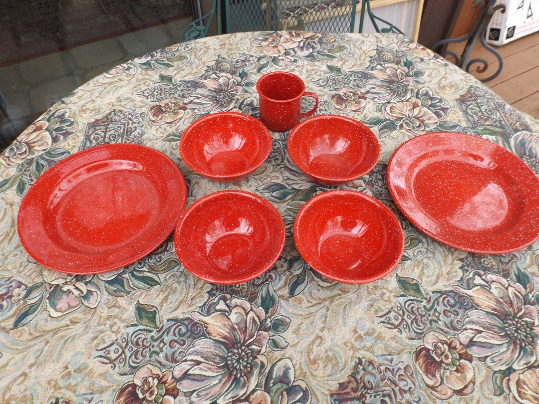 Vintage Graniteware Enamel Ware Dish Set, Rustic Cabin, Camping Dishes ...