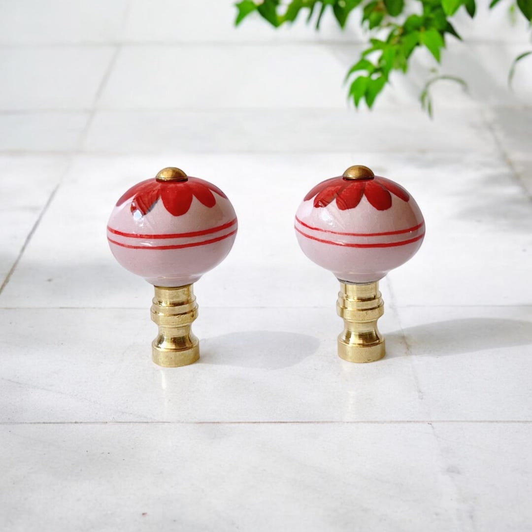 Hand Painted Porcelain Lamp Shade Finial, Red Floral, 2