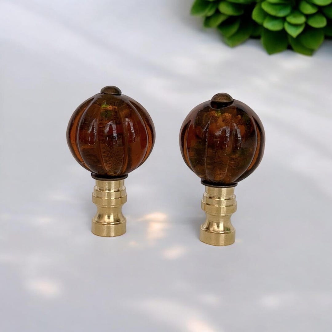 Set of 2 Stunning Amber Glass Lamp Shade Finial Shade Topper 2 Tall Fit ...