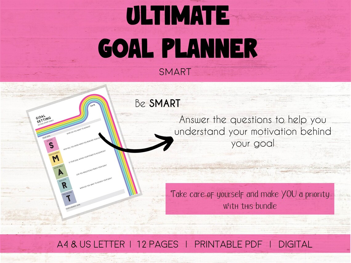 Rainbow Goal Setting Tracker BUNDLE, SMART Planner Yearly Monthly ...