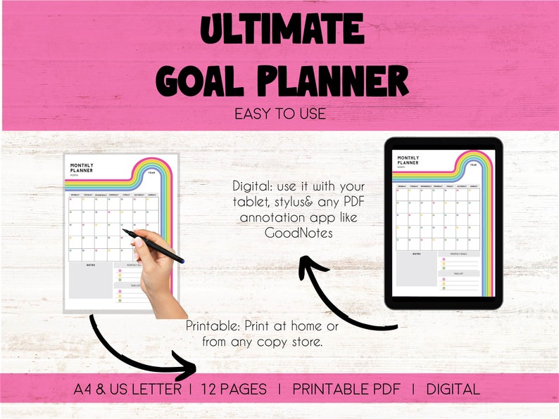 Rainbow Goal Setting Tracker BUNDLE, SMART Planner Yearly Monthly ...