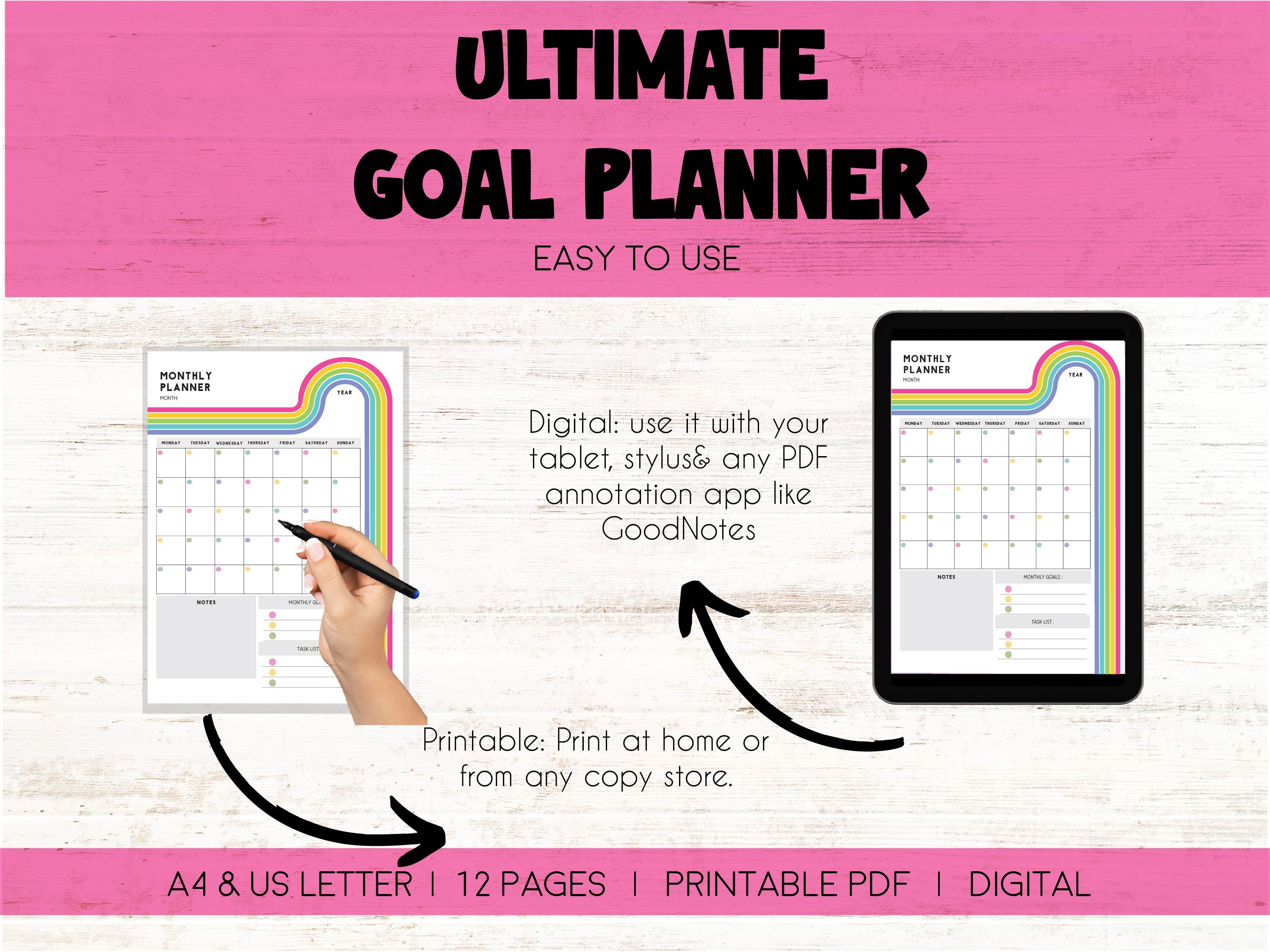 Rainbow Goal Setting Tracker BUNDLE, SMART Planner Yearly Monthly ...