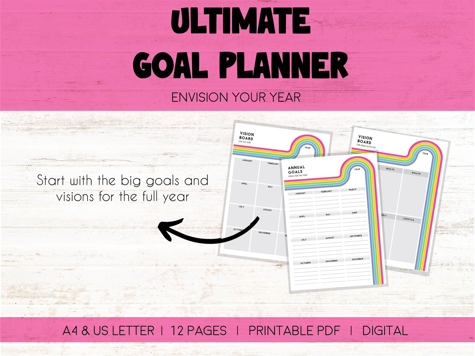 Rainbow Goal Setting Tracker BUNDLE, SMART Planner Yearly Monthly ...