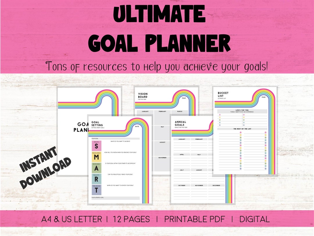 Rainbow Goal Setting Tracker BUNDLE, SMART Planner Yearly Monthly ...