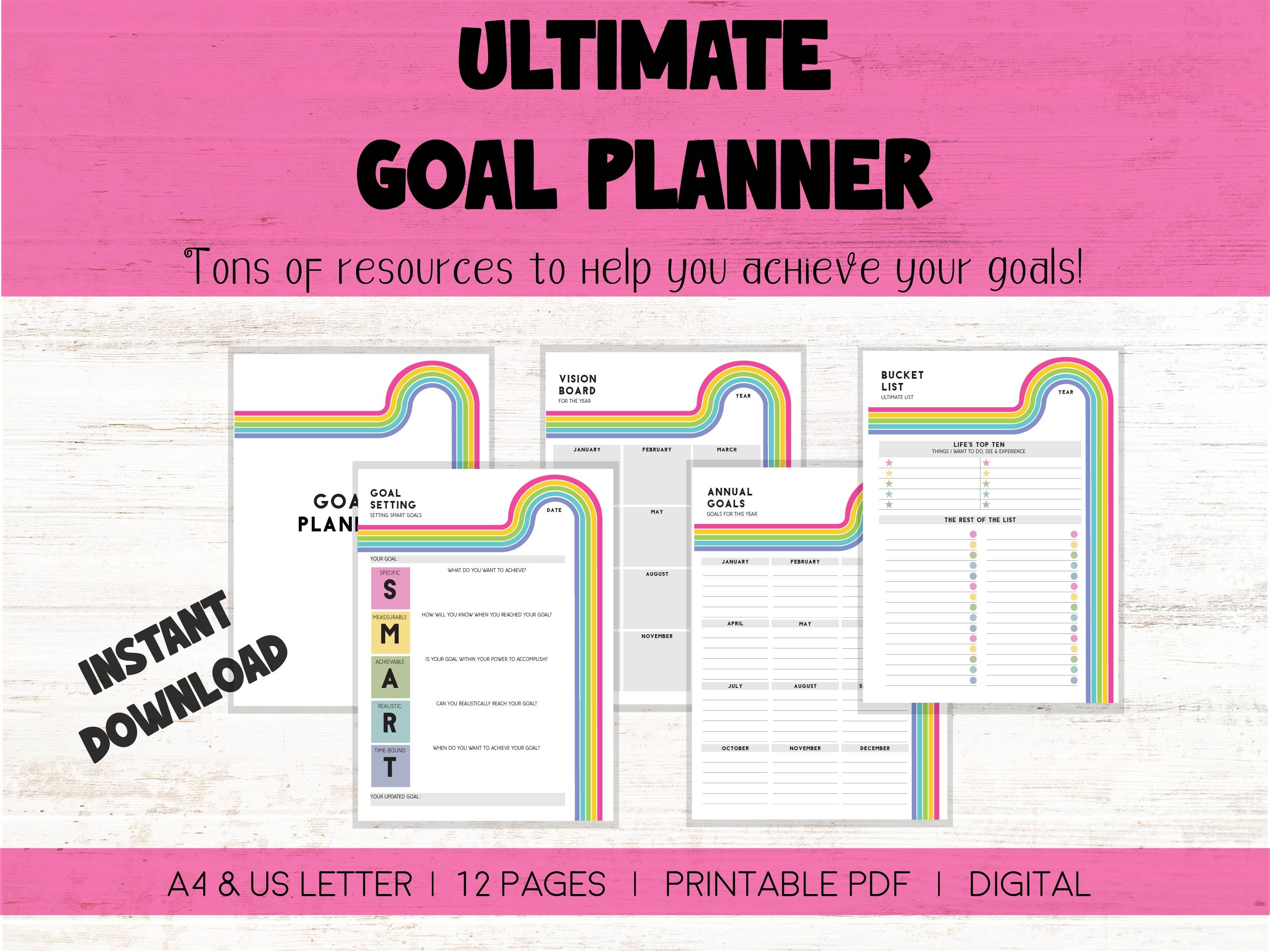 Rainbow Goal Setting Tracker BUNDLE, SMART Planner Yearly Monthly ...