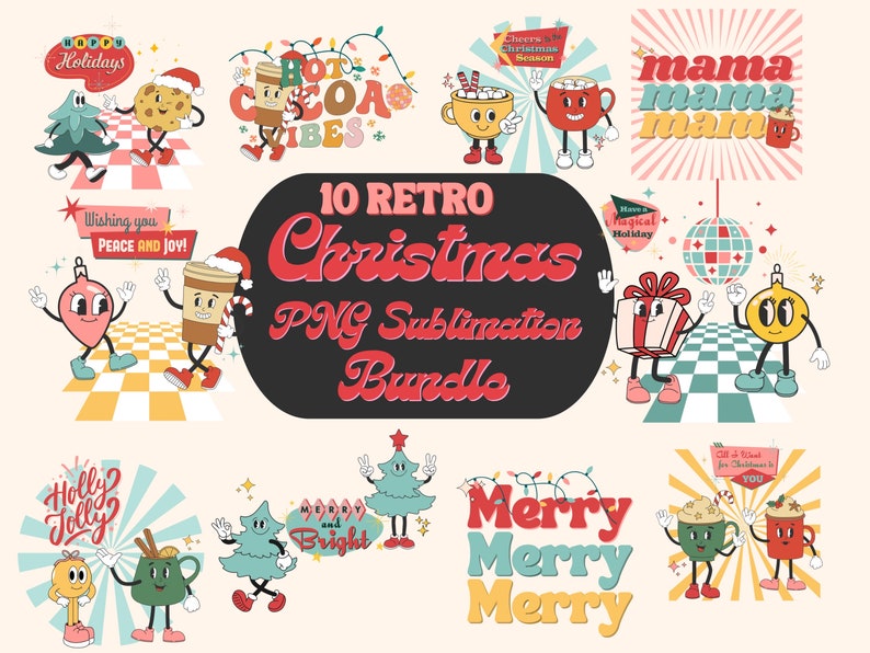 Funny Retro Christmas PNG Bundle, Retro Cartoon Characters, Sublimation ...