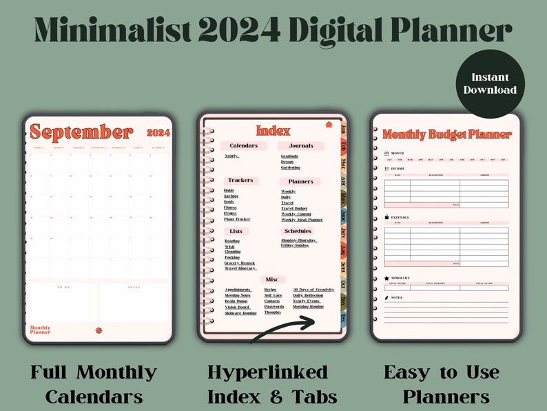 Minimalist 2024 Digital Planner, Monthly, Yearly Calendar, Journal ...