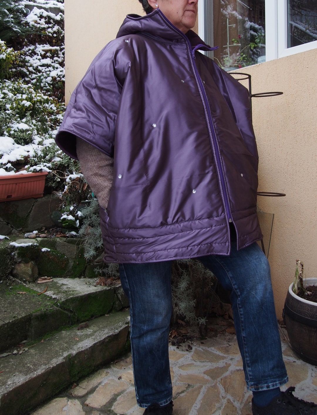 Purple Asymmetrical Winter Jacket With Hood - Plus Size Waterproof Coat ...