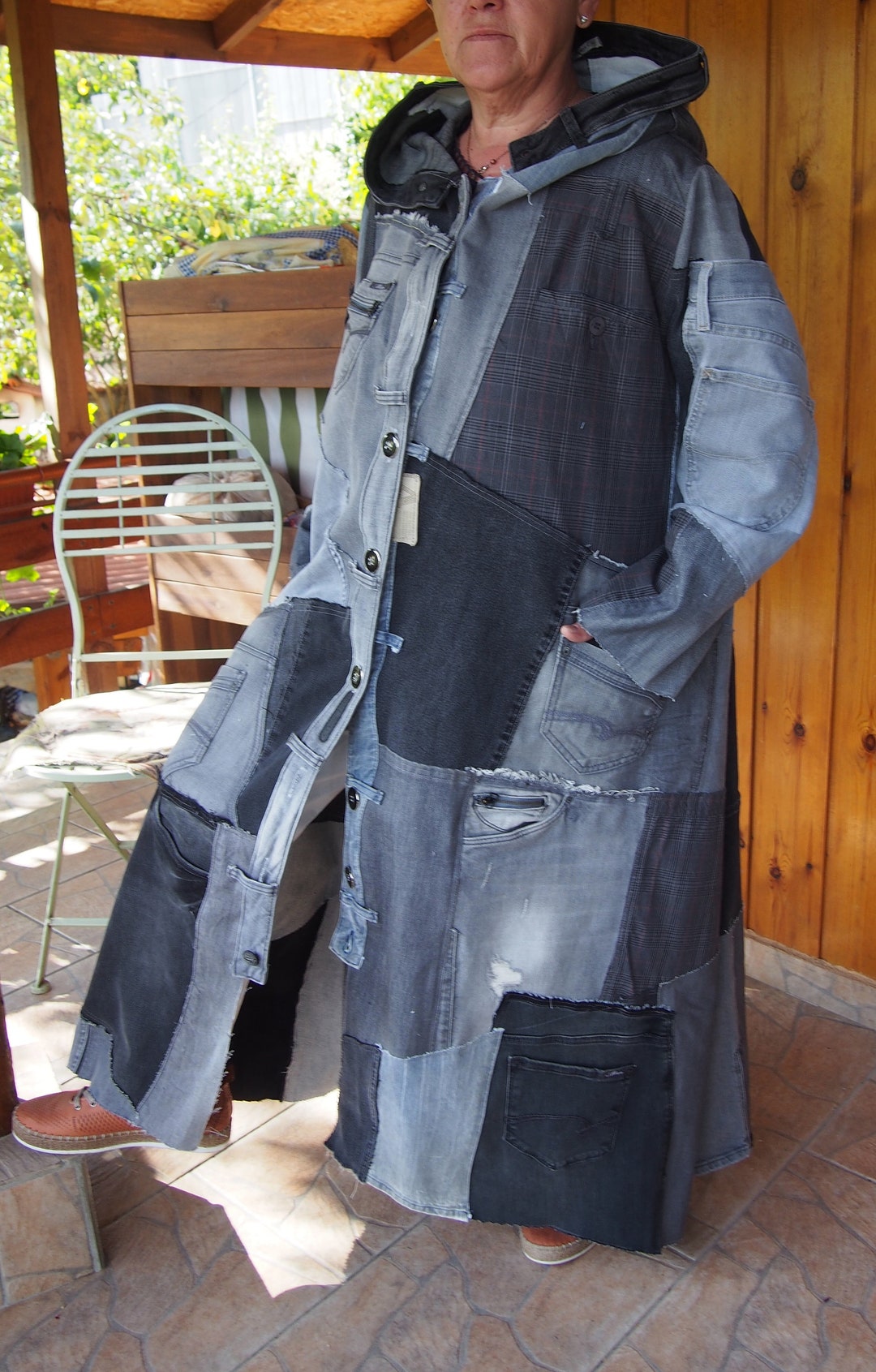 Patchwork Denim Coat: Upcycled Jean Cape, Ripped Grey Denim - Etsy