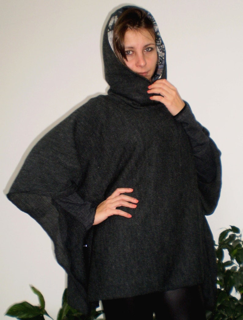 Comfortable Warm Knitted Poncho With Side Buttons Turtleneck Hood ...