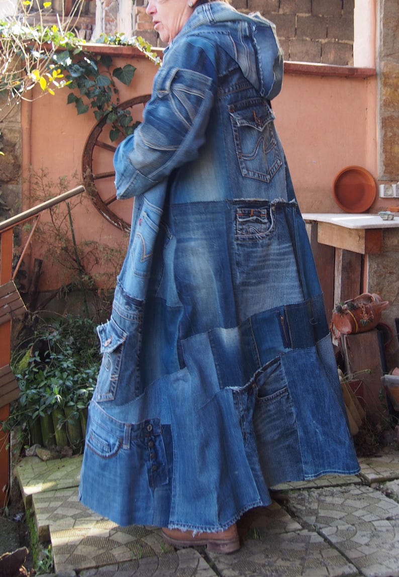 Upcycled Denim Patchwork Coat: Ripped Jean Cape With Hood - Etsy