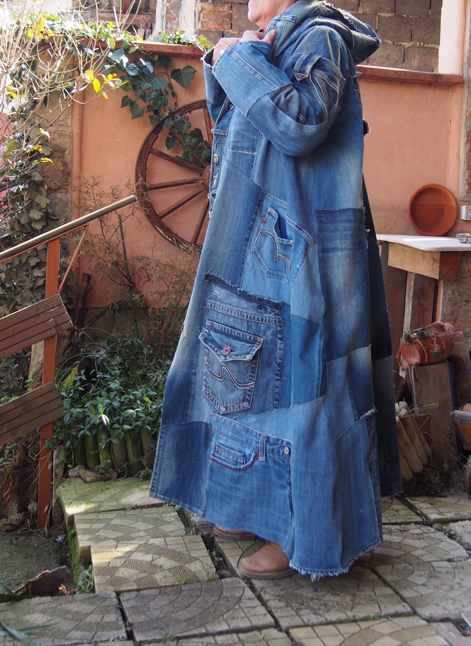 Upcycled Denim Patchwork Coat: Ripped Jean Cape With Hood - Etsy