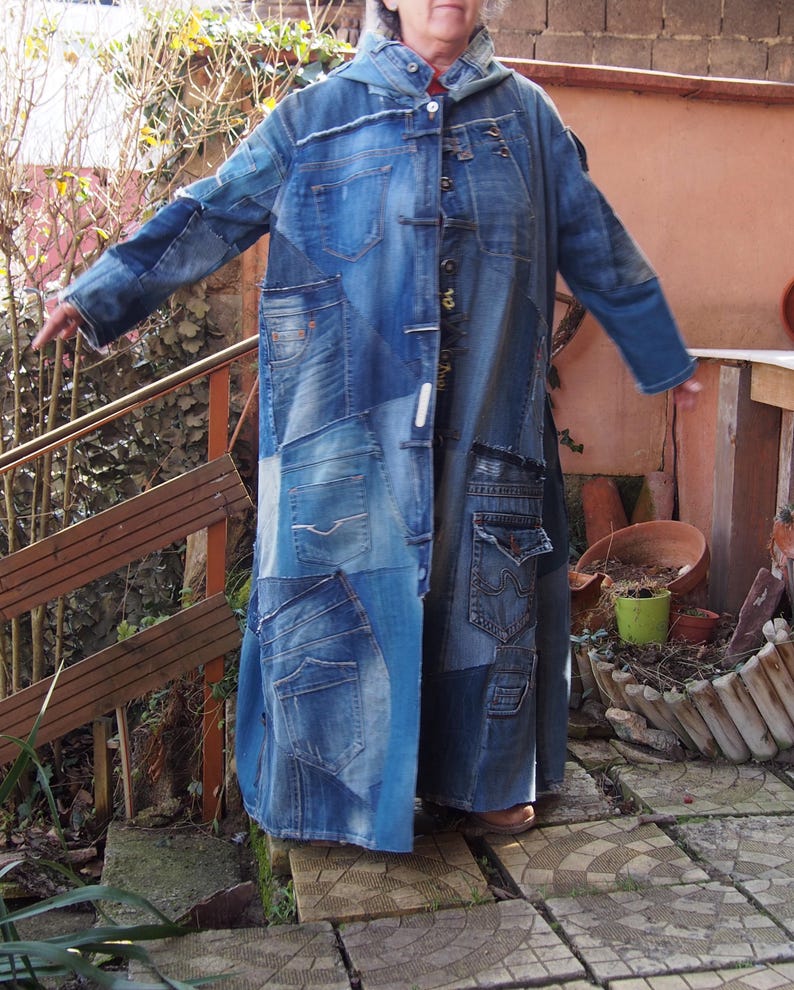 Upcycled Denim Patchwork Coat: Ripped Jean Cape With Hood - Etsy