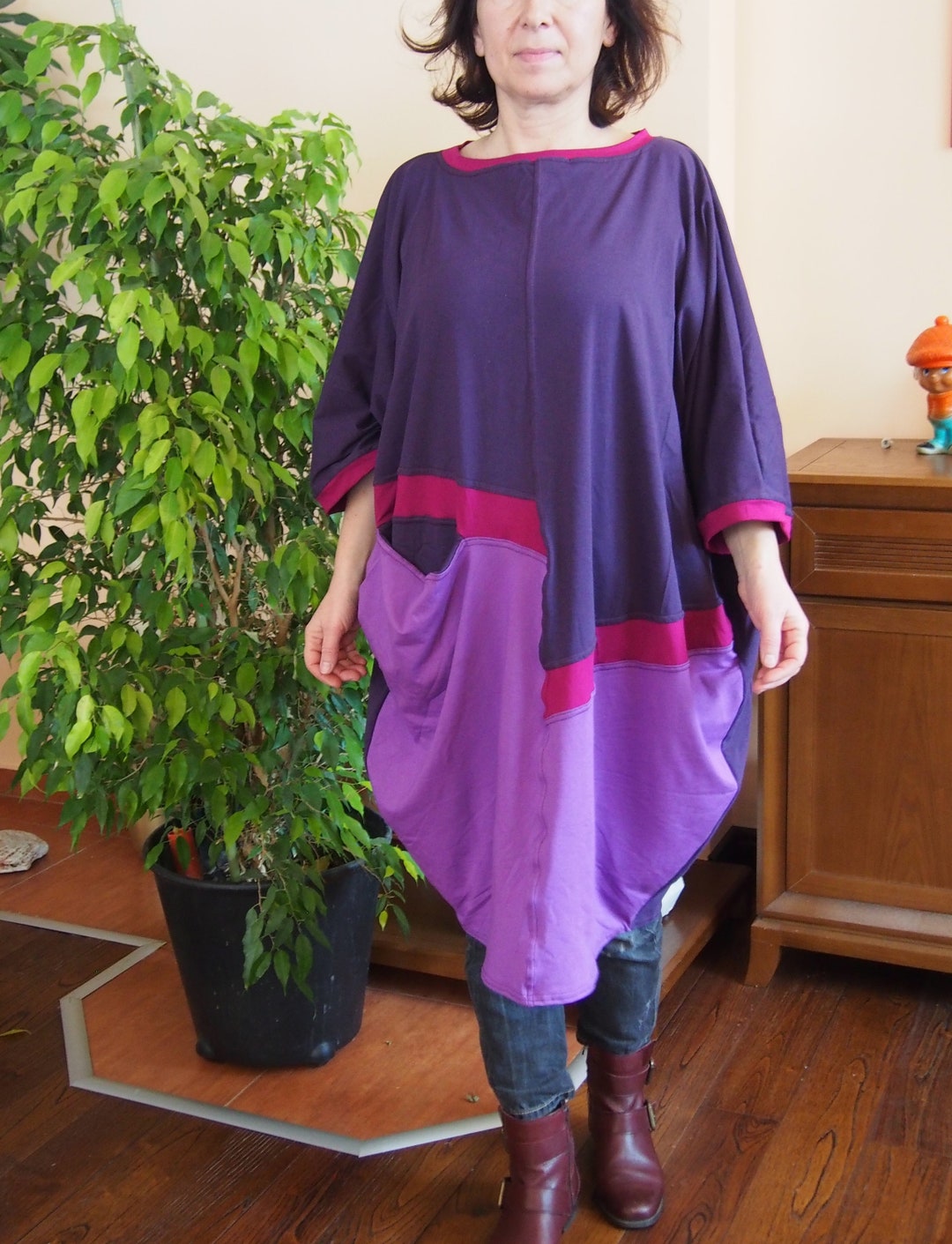 Purple Over-sized Long Sleeve Tunic Quality Cotton Tunic Long Tunic ...