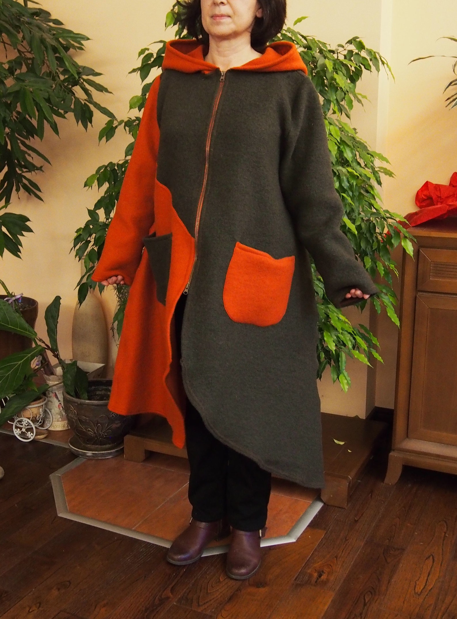 Boiled Wool Coat Hooded Coat Women Orange Coat Zip up Coat - Etsy
