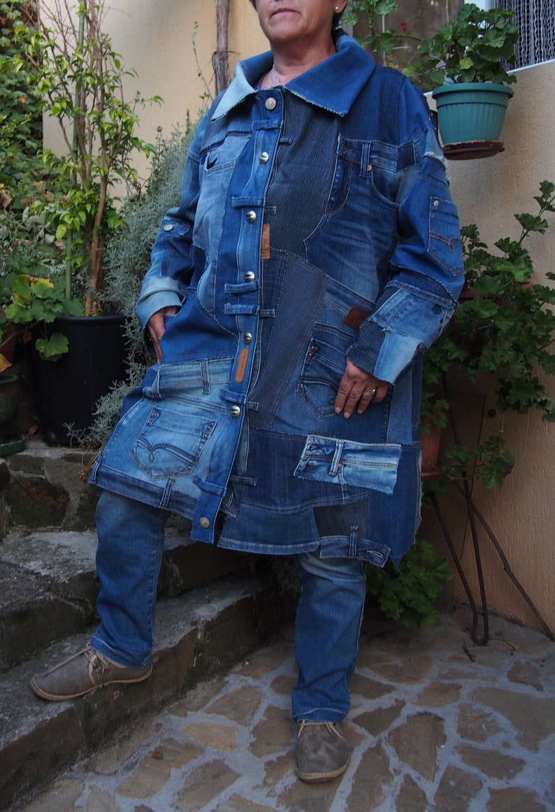 Patchwork Denim Coat: Upcycled Jean Cape, Ripped Design - Etsy