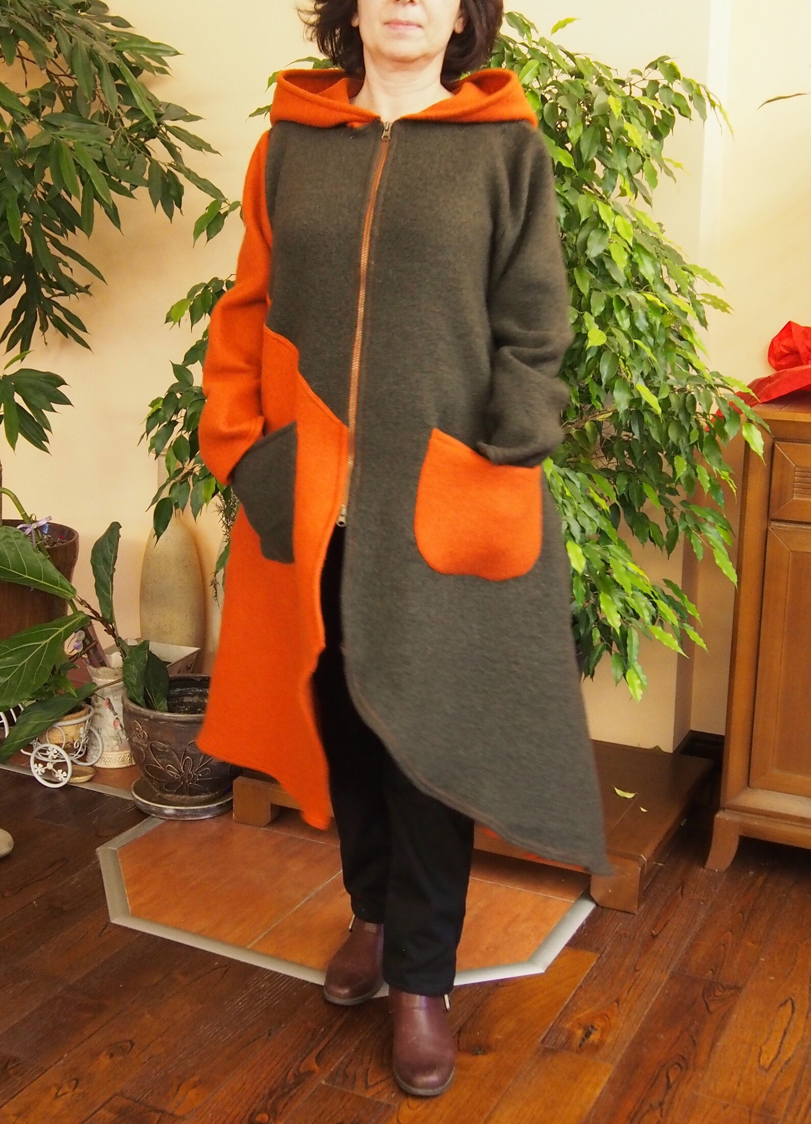 Boiled Wool Coat Hooded Coat Women Orange Coat Zip up Coat | Etsy