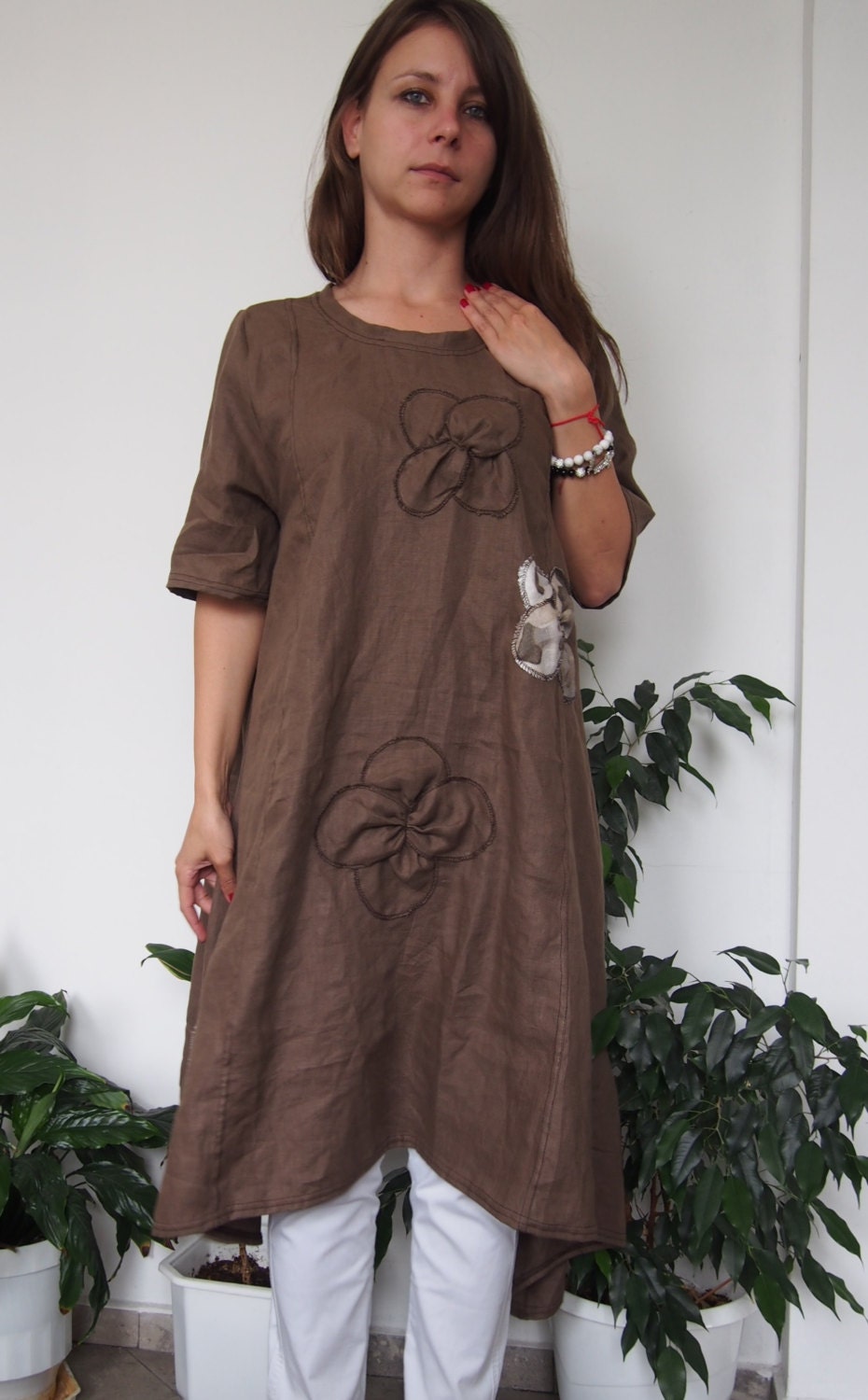 Brown Linen A-line Dress: Flower Applique Tunic - Etsy