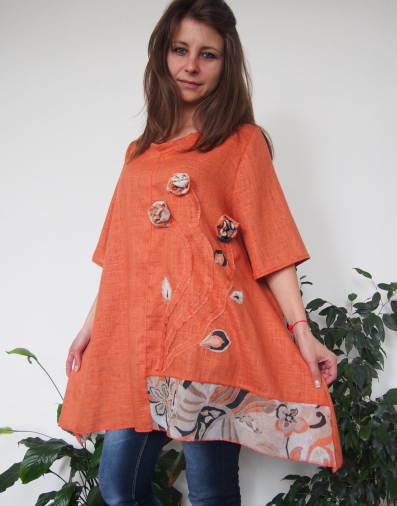 Plus Size Tunic, Linen Tunic Top, Orange Tunic, Linen Tunic Dress ...
