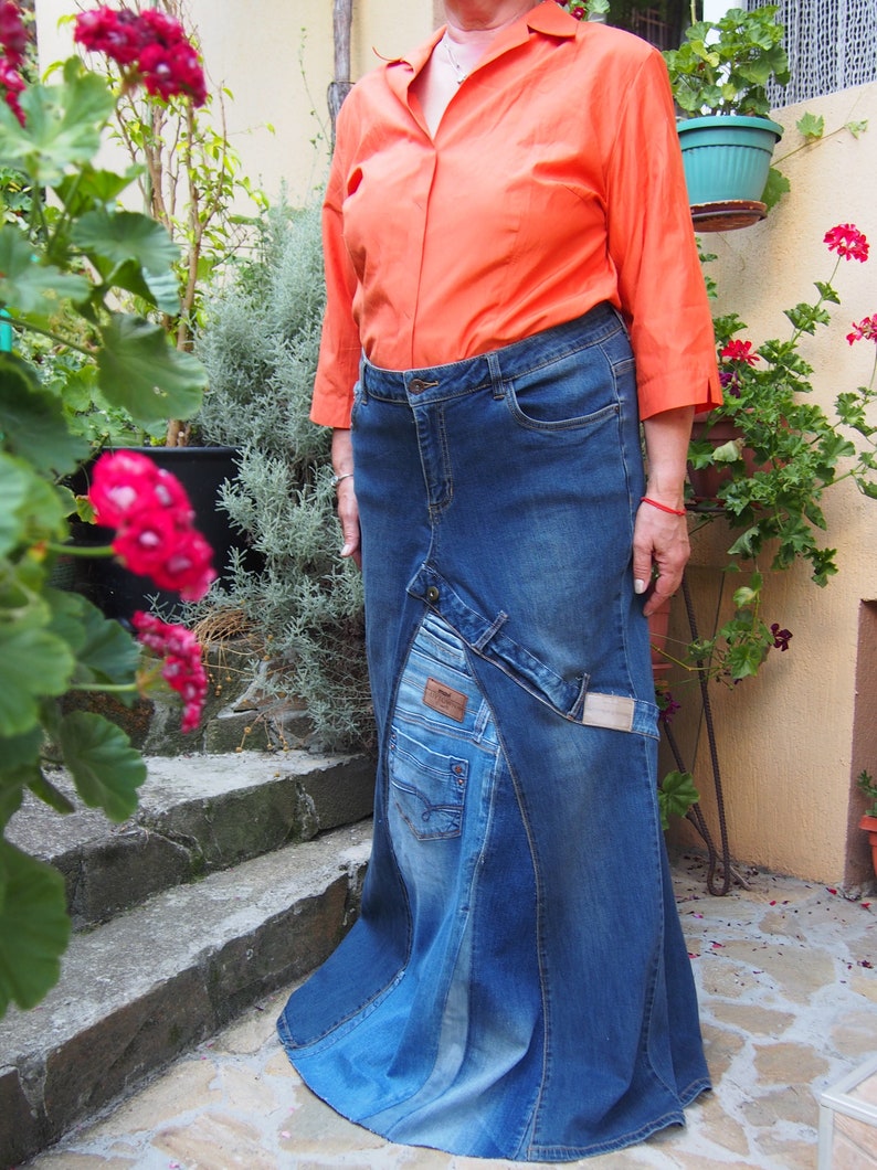 Unique Denim Skirt Patches, Ripped Denim Skirt , Patchwork Long Skirt ...