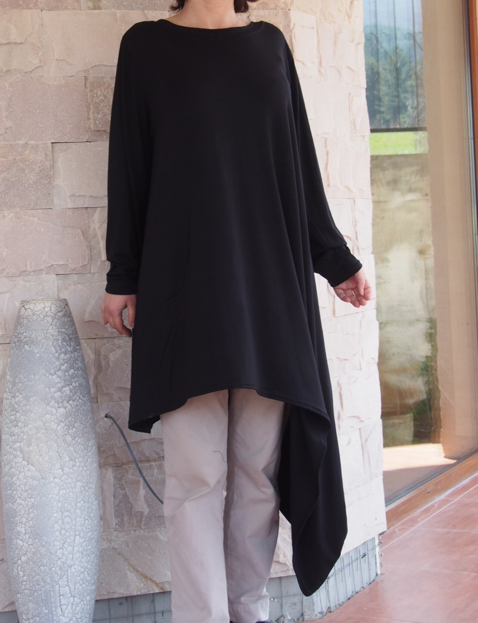 Black Plus Size Tunic, Asymmetrical Tunic Top, Long Sleeve Tunic, Loose Tunic Top, Black Tunic ...