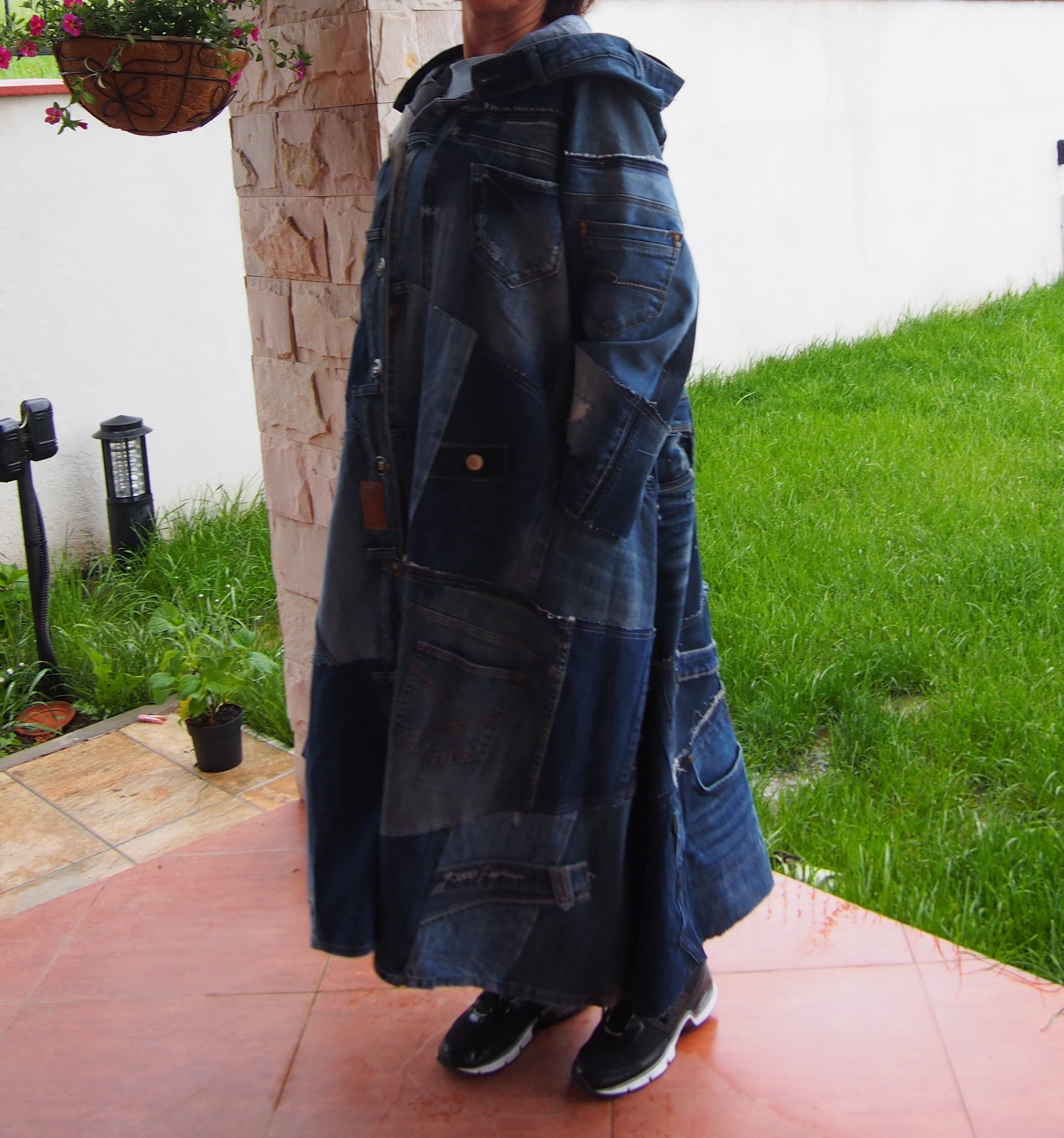 Unique Long Denim Coat With Patches, Ripped Denim Cape, Patchwork Jean ...