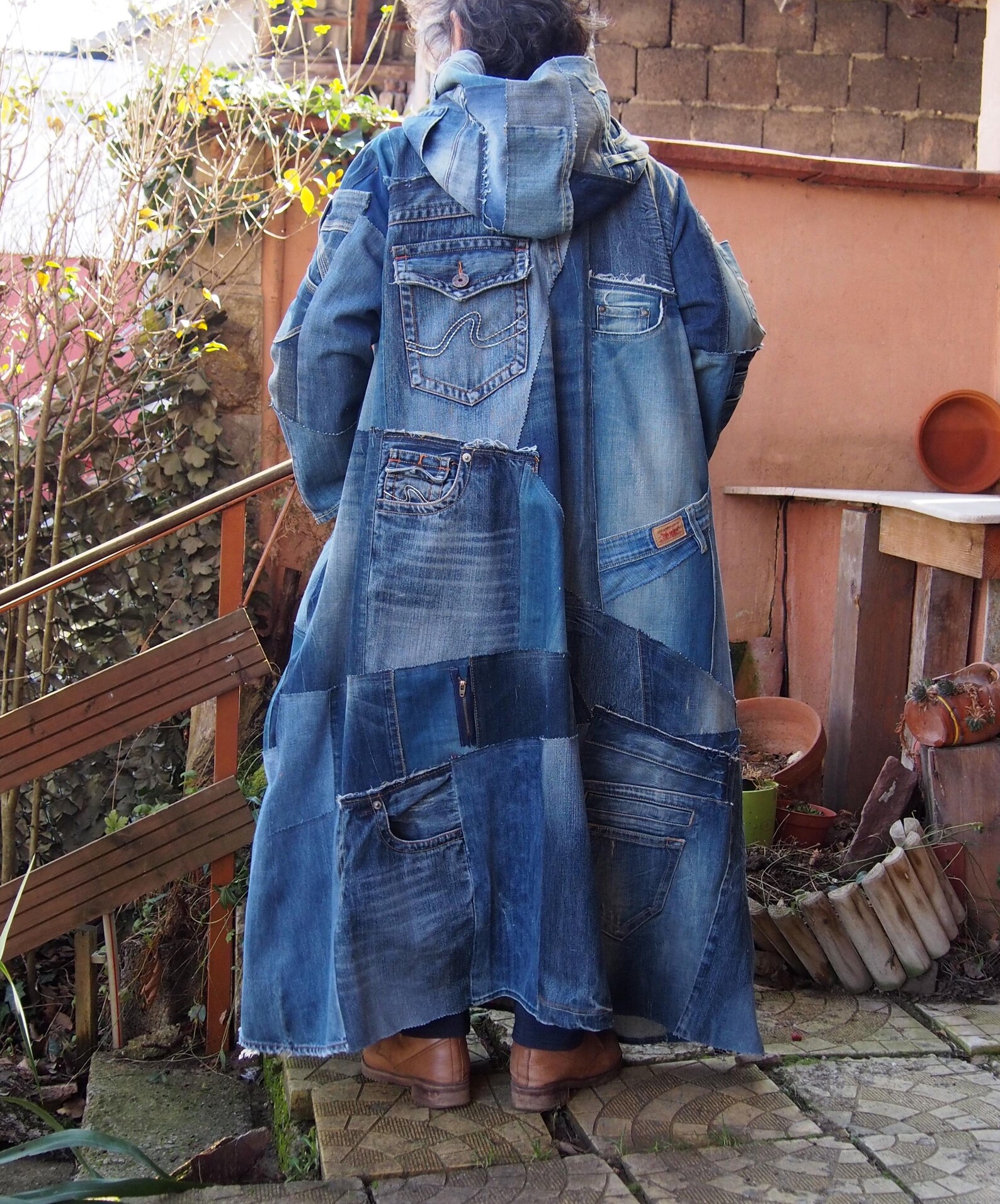 Upcycled Denim Patchwork Coat: Ripped Jean Cape With Hood - Etsy