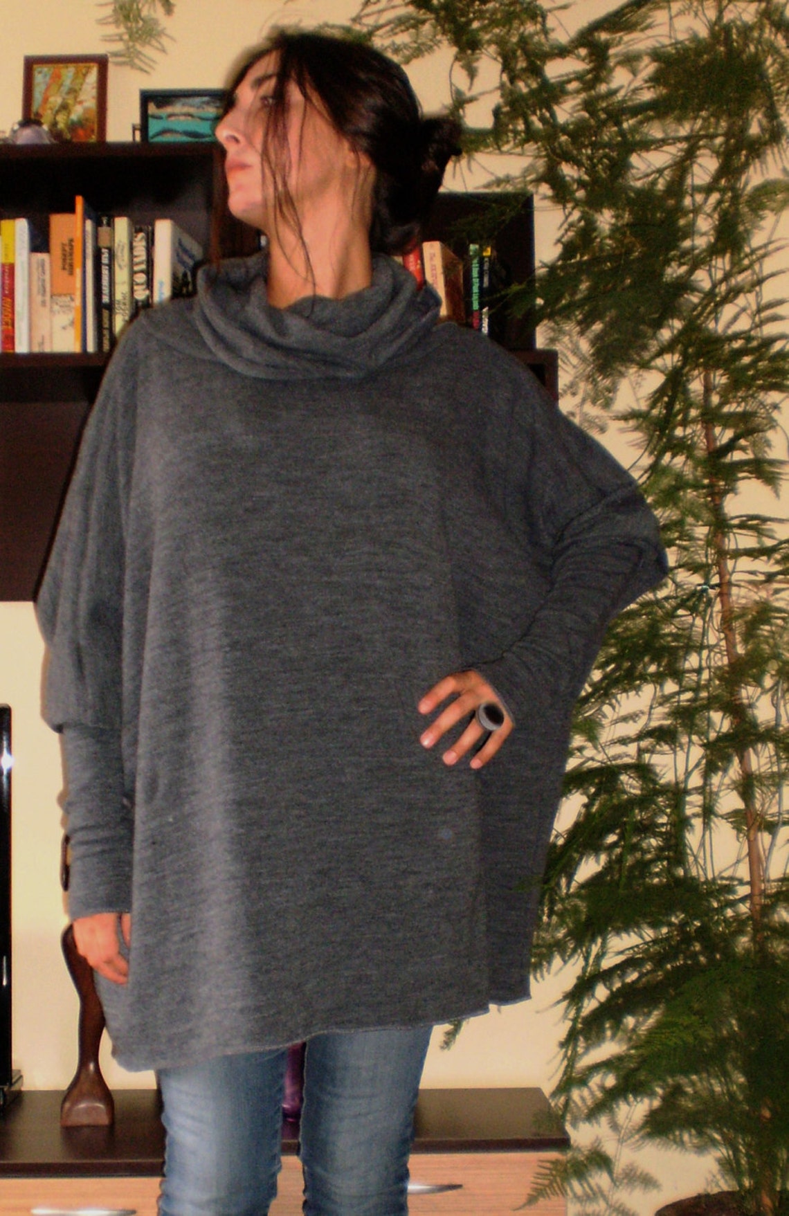 Over-sized Tunic Long Sleeve Knitted Cotton Tunic Turtle Neck | Etsy
