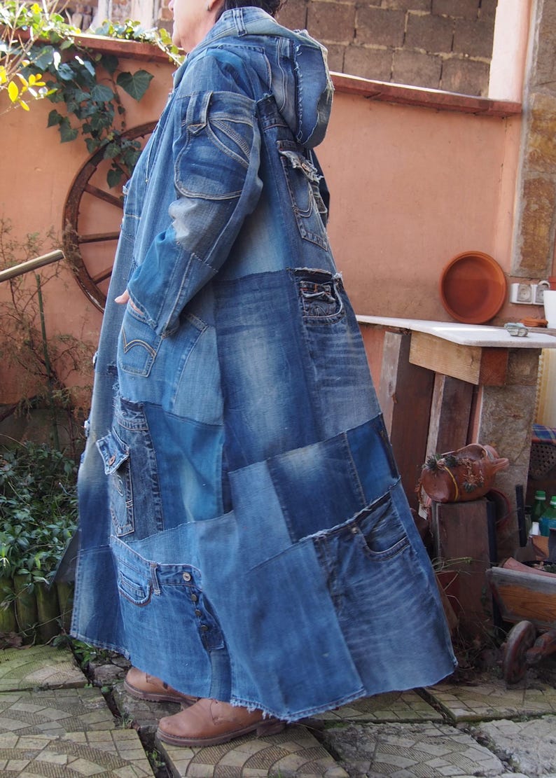 Upcycled Denim Patchwork Coat: Ripped Jean Cape With Hood - Etsy