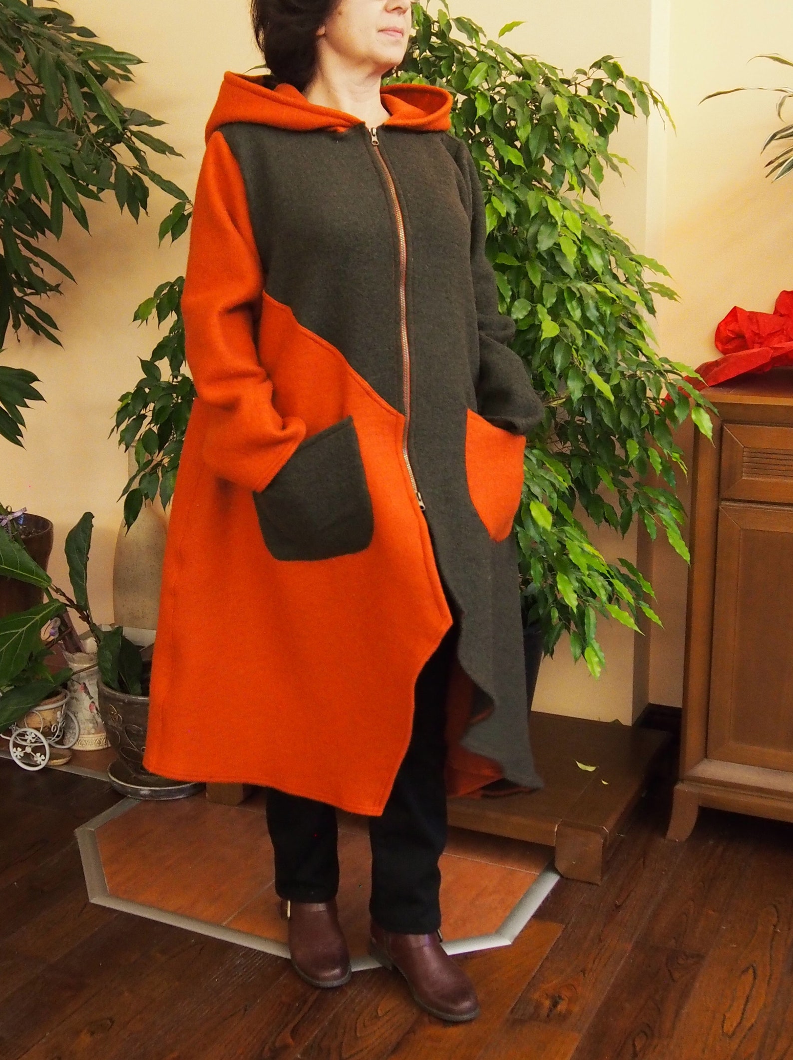 Boiled Wool Coat Hooded Coat Women Orange Coat Zip up Coat | Etsy