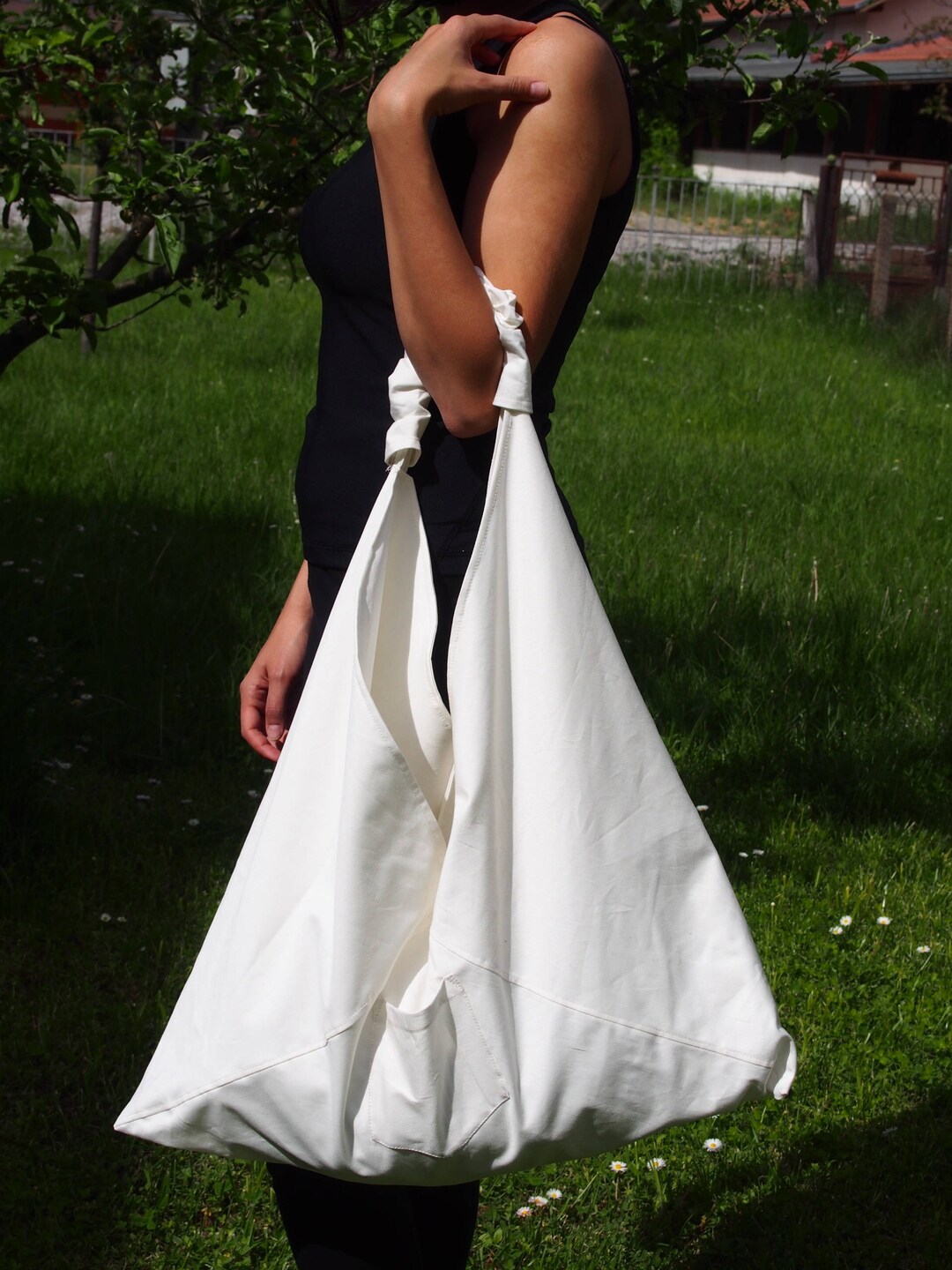 White Denim Bag, Japanese Bag, Triangle Tote Bag, Double-faced Large ...