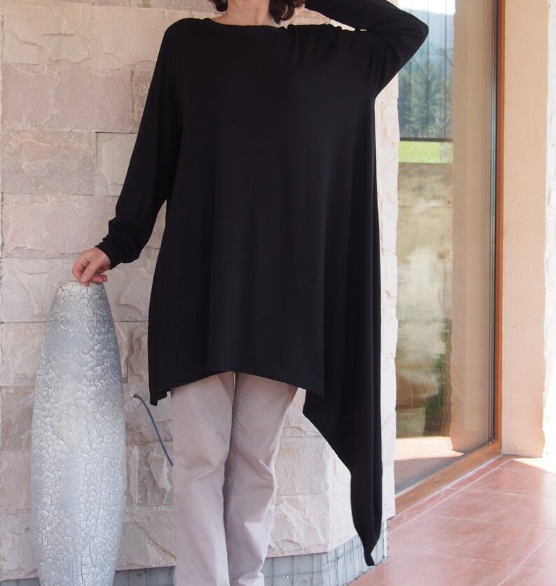 Black Plus Size Tunic, Asymmetrical Tunic Top, Long Sleeve Tunic, Loose Tunic Top, Black Tunic ...
