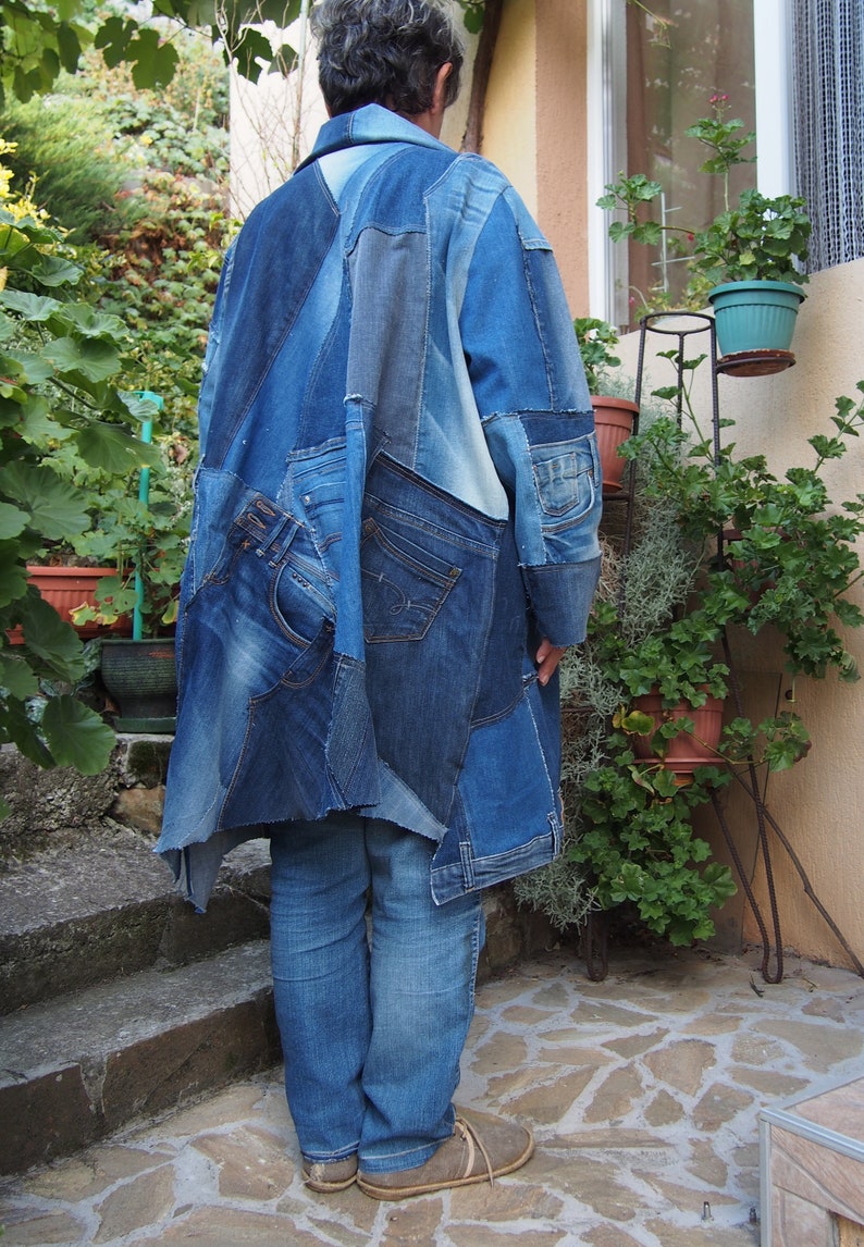 Patchwork Denim Coat: Upcycled Jean Cape, Ripped Design - Etsy