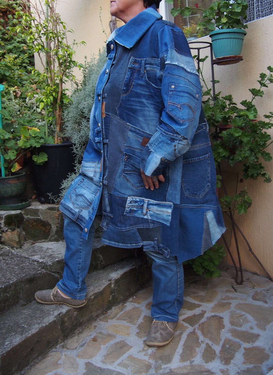 Patchwork Denim Coat: Upcycled Jean Cape, Ripped Design - Etsy