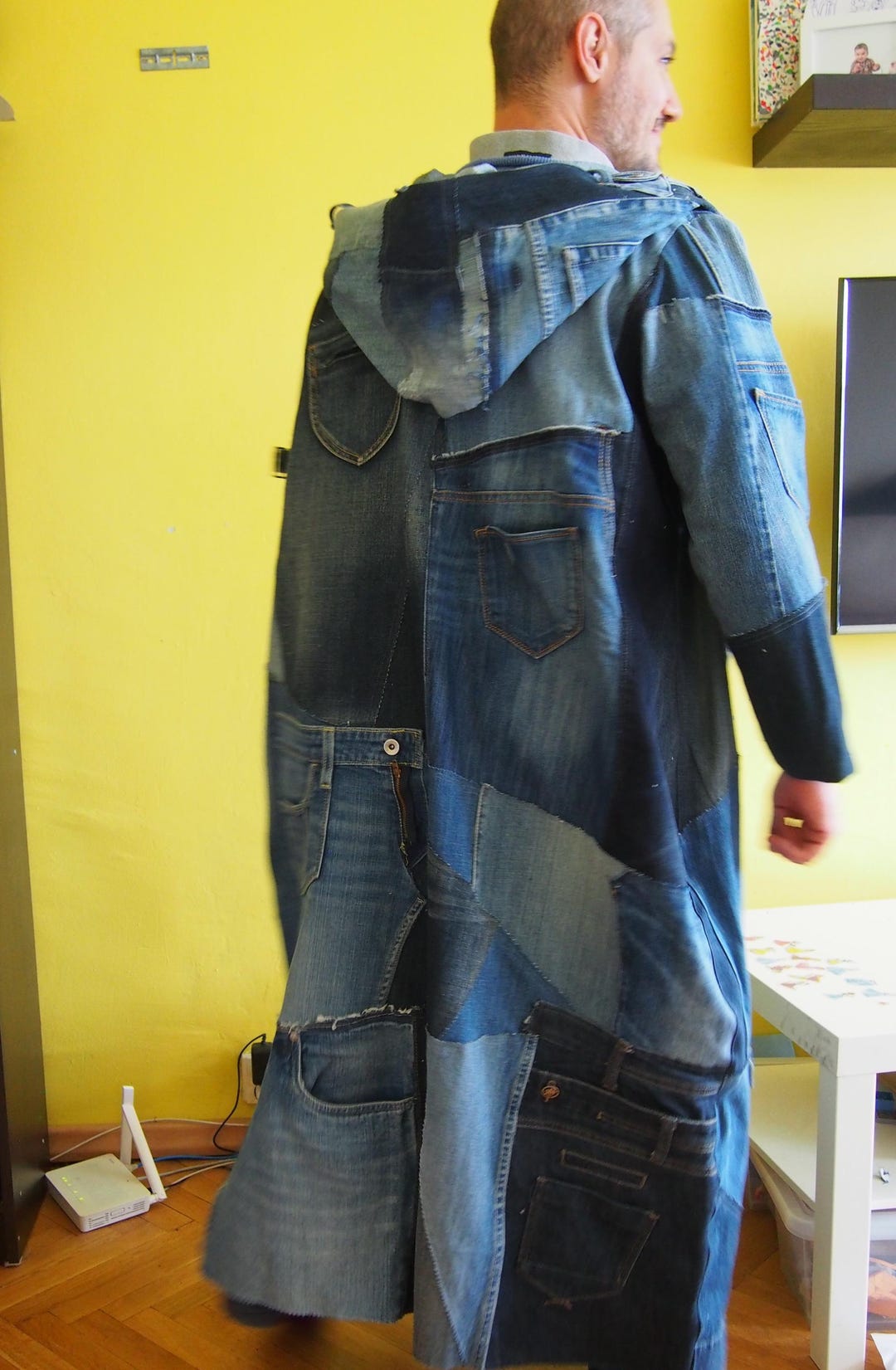 Unique Denim Man Coat With Patches, Ripped Denim Cape, Patchwork Jean ...