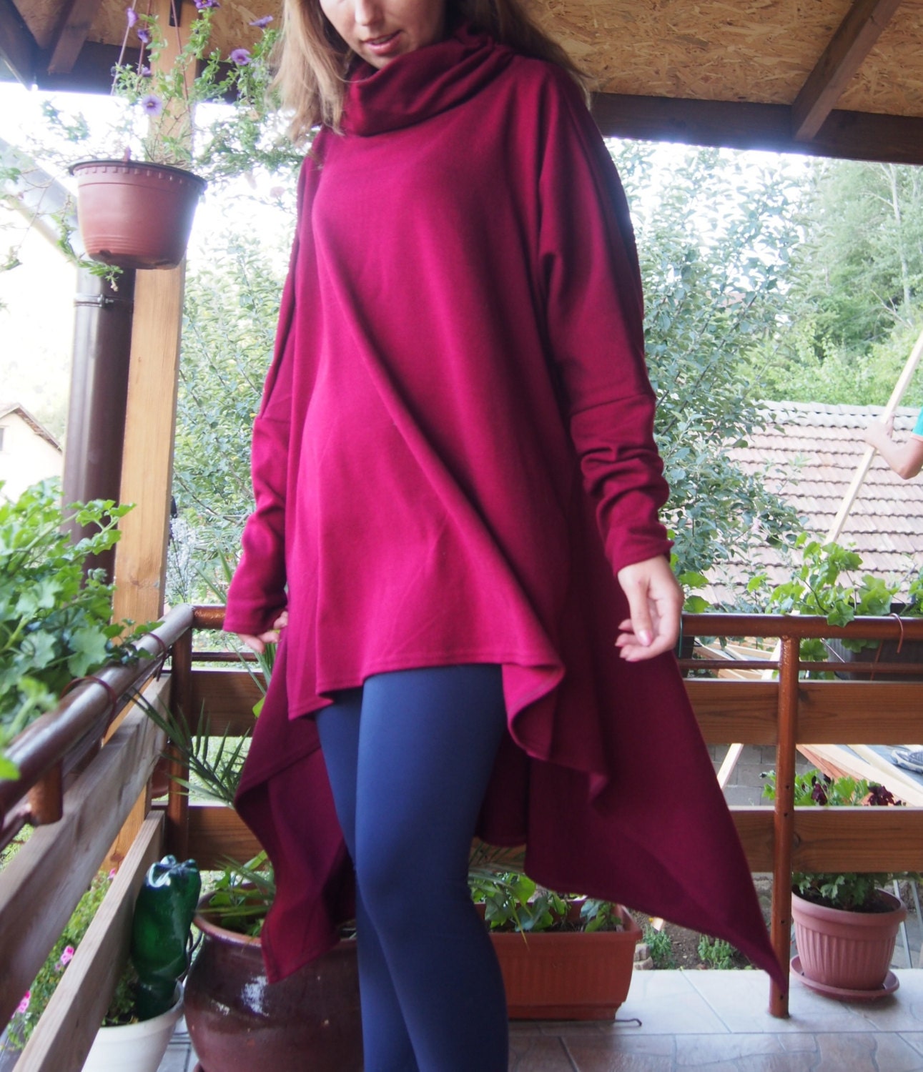 Asymmetric Knitted Over-sized Tunic Long Sleeve Cotton Tunic Turtleneck ...