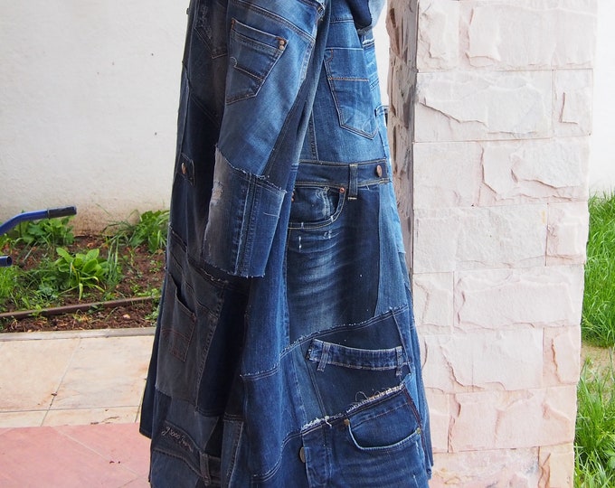 Unique Long Denim Coat With Patches, Ripped Denim Cape, Patchwork Jean ...