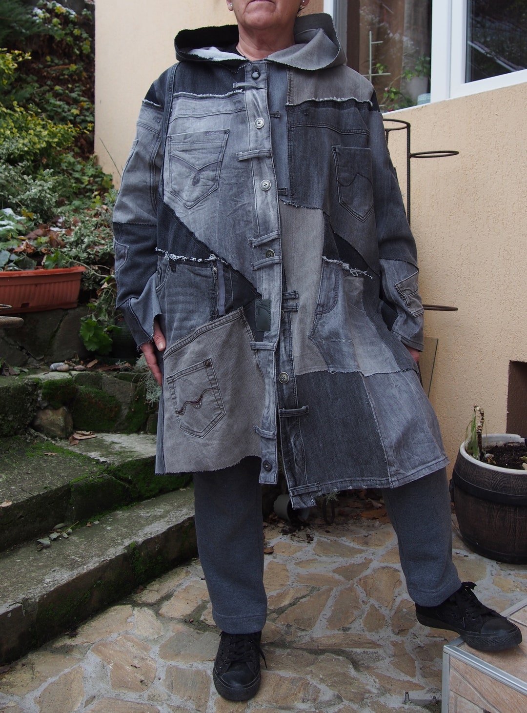 Patchwork Denim Coat: Upcycled Jean Cape With Hood - Etsy
